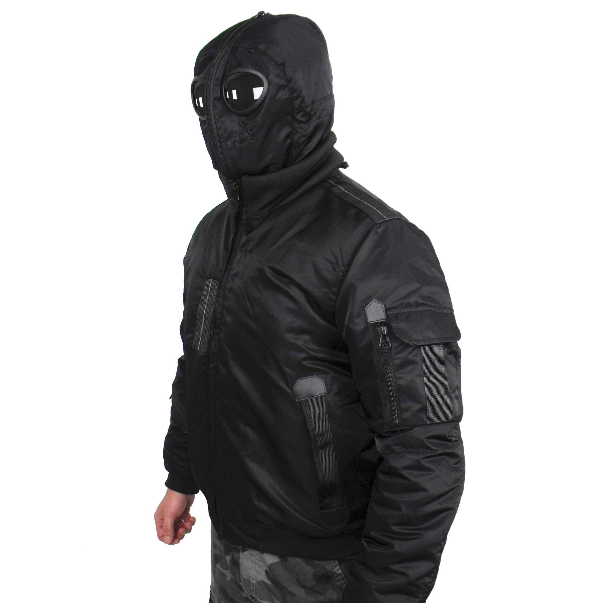 Mens Black Military Bomber Jacket: Detachable Goggle Hood, Multiple ...