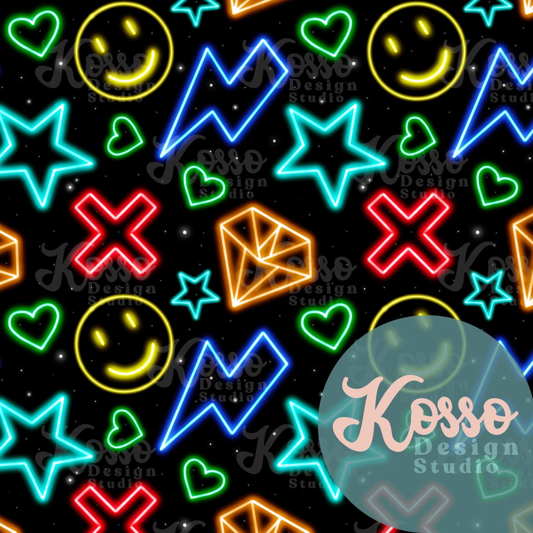 Neon Alternative Smiley & Bolts Doodle Seamless Design - Digital ...