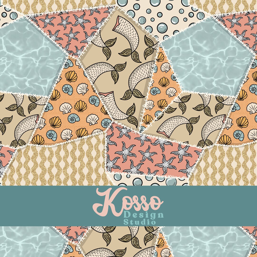 Boho Mermaid Patchwork Seamless Design - Digital Surface Pattern for ...