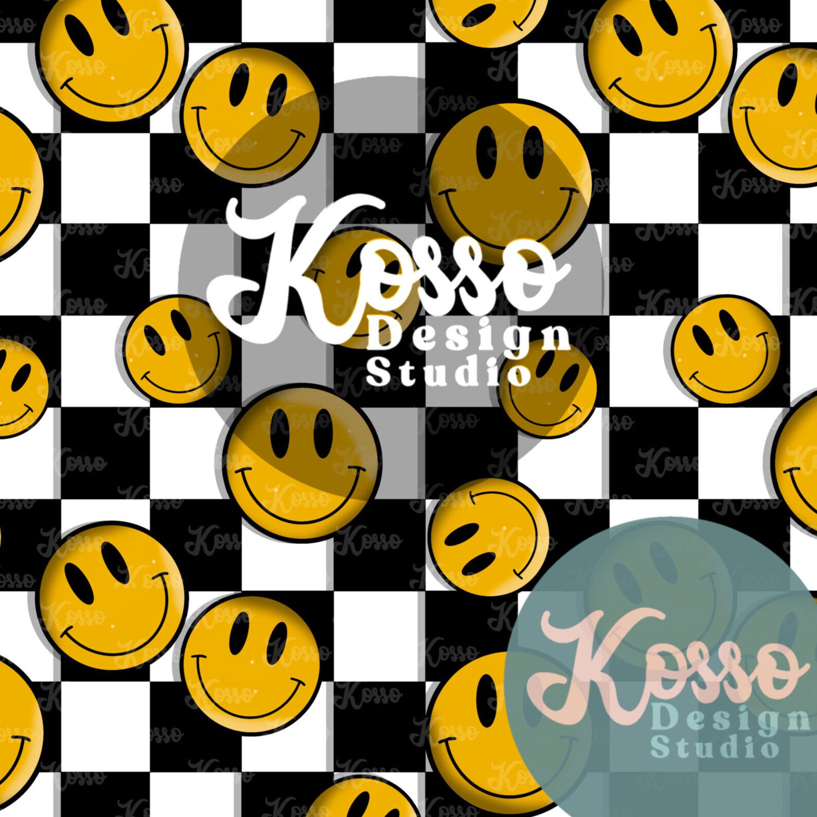 Smiley on Black & White Check Background Seamless Design - Digital ...