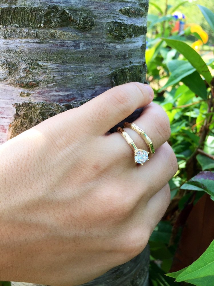 Chunky Bamboo Solitaire Ring Set, Gold Bone Engagement Ring Set, Hippie ...