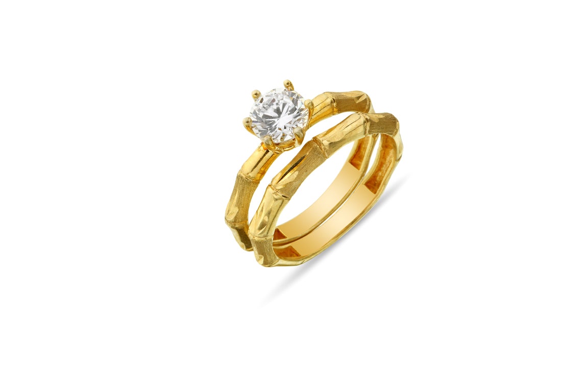 Chunky Bamboo Solitaire Ring Set Gold Bone Engagement Ring | Etsy