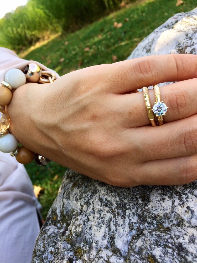 Chunky Bamboo Solitaire Ring Set, Gold Bone Engagement Ring Set, Hippie ...