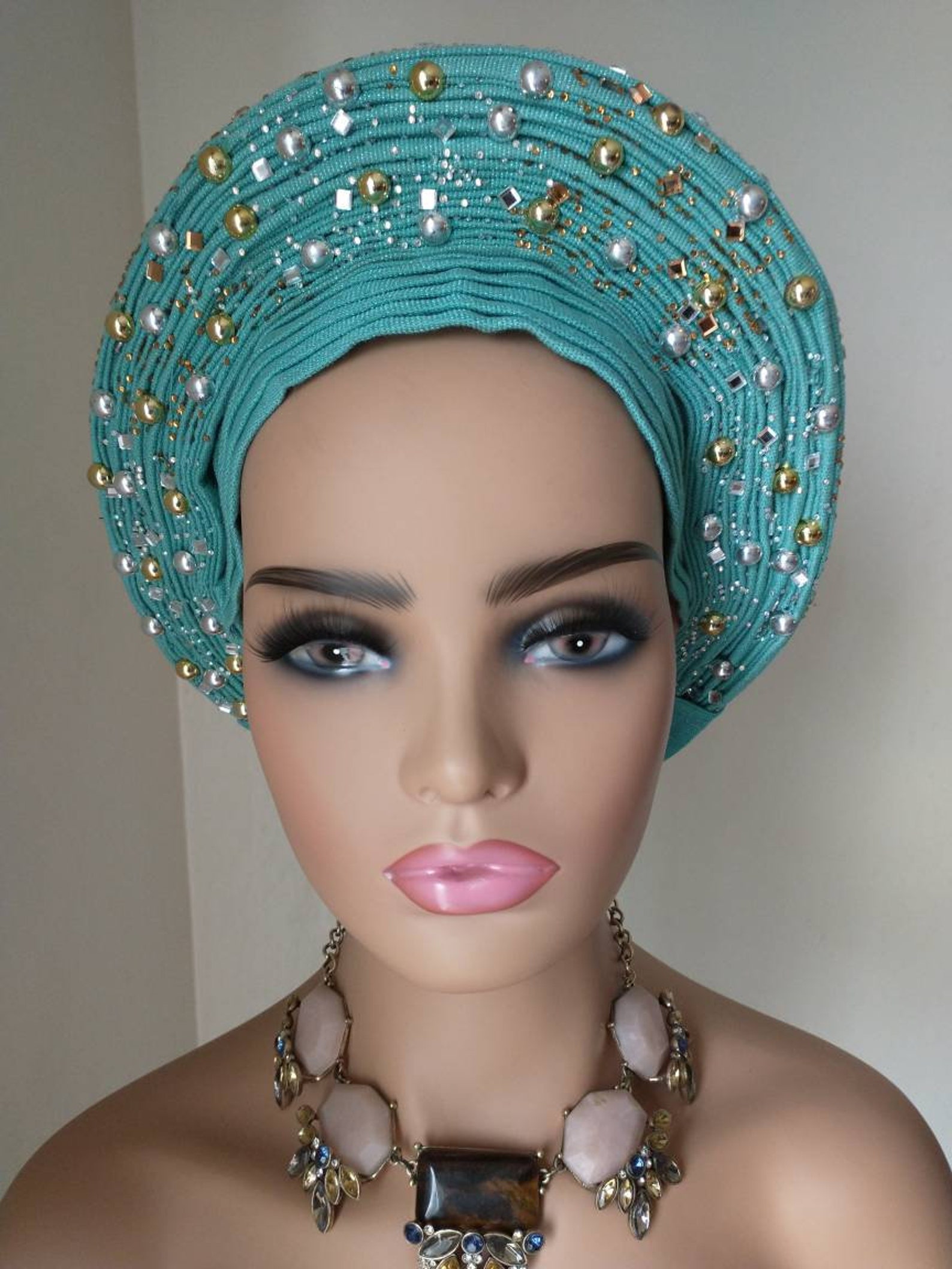 Teal Auto Gele Already Made Scarves Pre-tied Headgear - Etsy