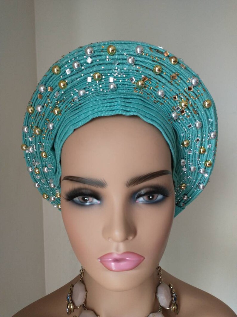 Teal Auto Gele Already Made Scarves Pre-tied Headgear - Etsy