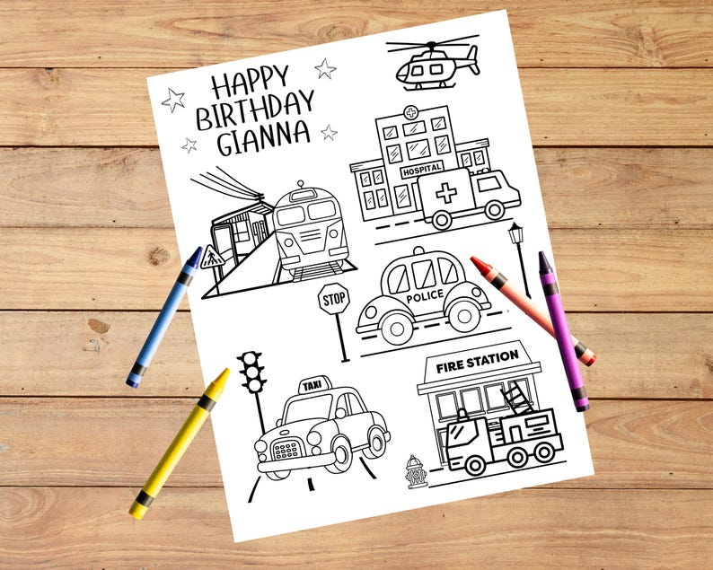 Transportation Birthday Coloring Pages: Personalized Vehicle Party ...