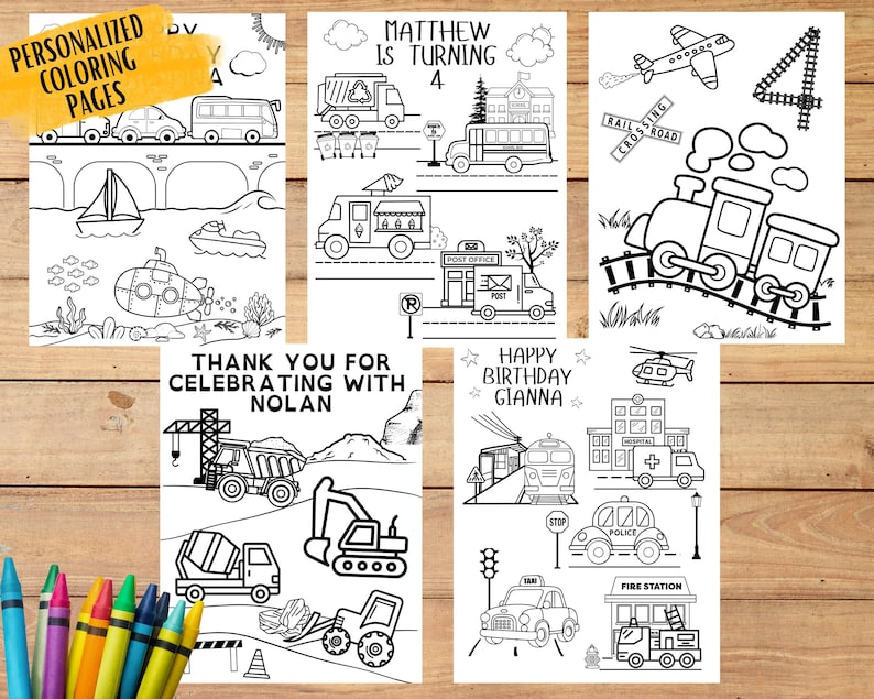 Transportation Birthday Coloring Pages: Personalized Vehicle Party ...