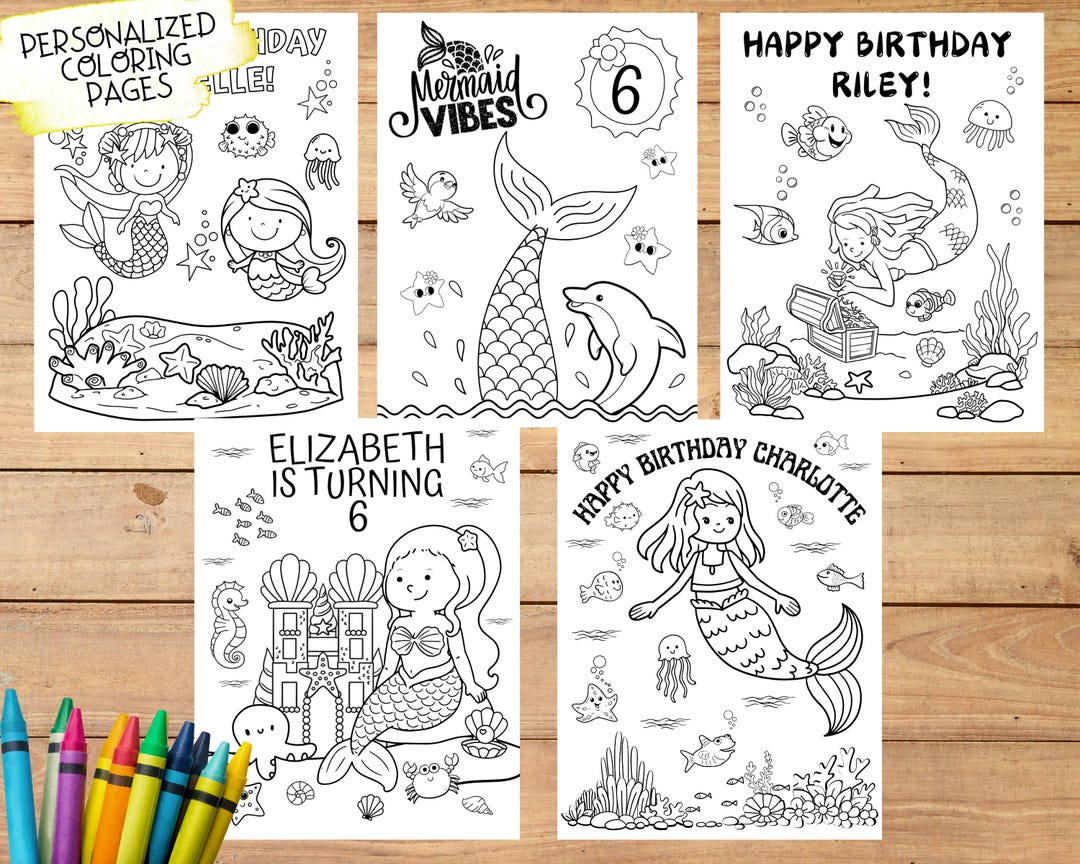 Mermaid Birthday Coloring Pages, Mermaid Party Favors, Kids Coloring ...