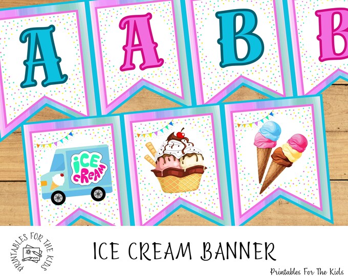 Printable Ice Cream Cone Happy Birthday Banner, Ice Cream Shoppe ...