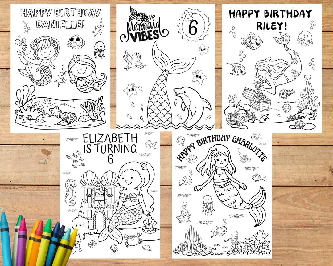Mermaid Birthday Coloring Pages, Mermaid Party Favors, Kids Coloring ...