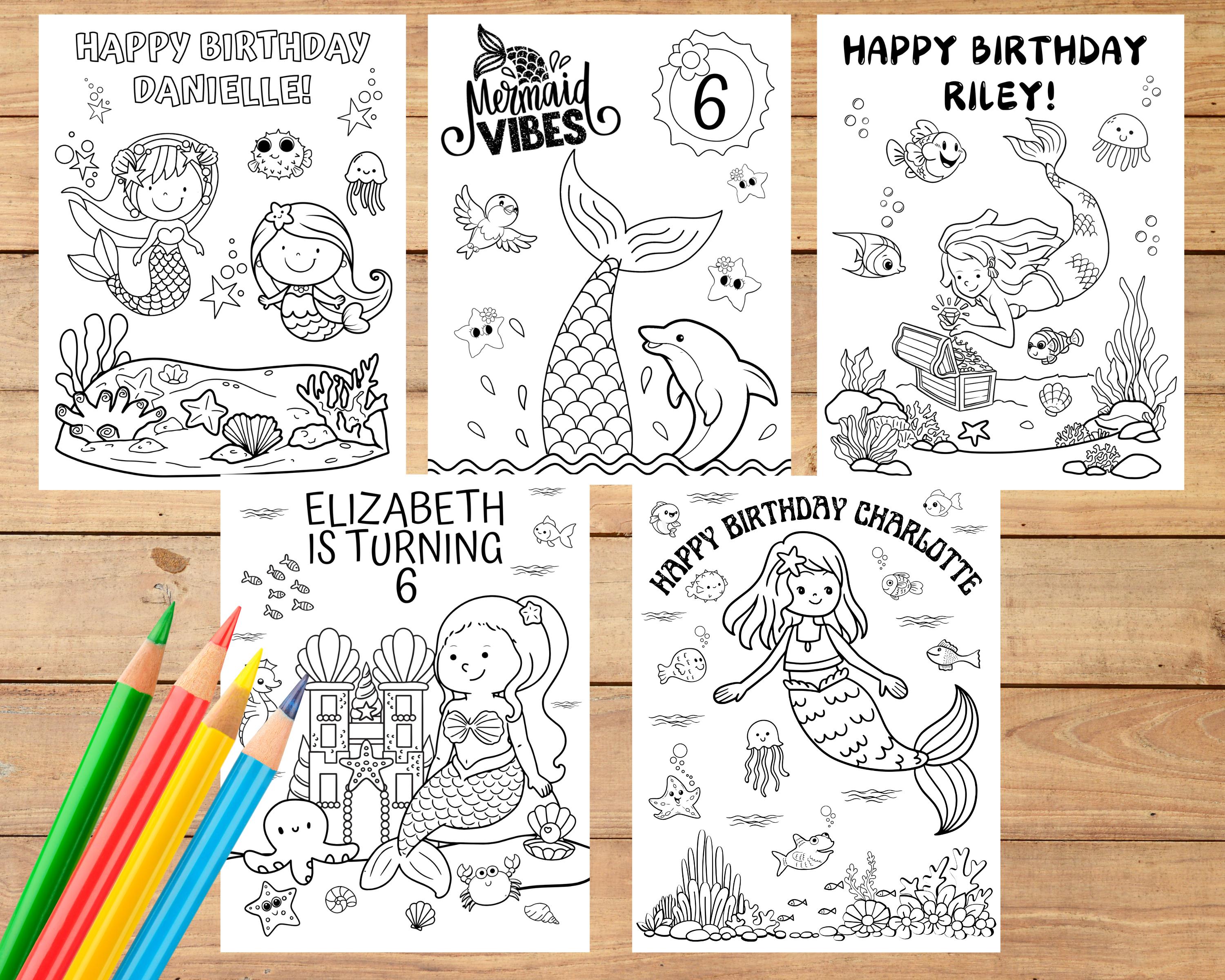 Mermaid Birthday Coloring Pages, Mermaid Party Favors, Kids Coloring ...