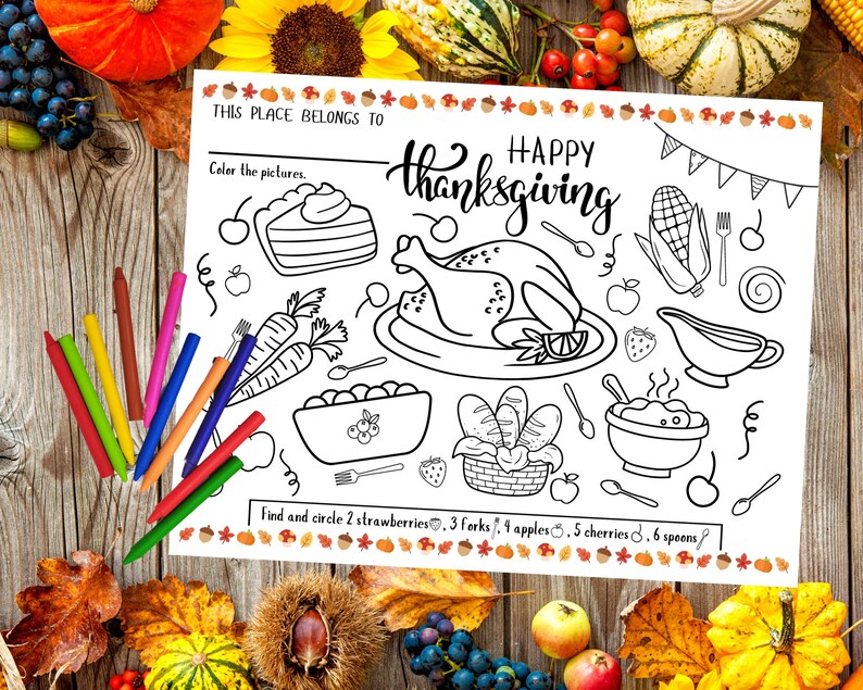 Thanksgiving Placemats for Kids: Printable Coloring Activity - Etsy