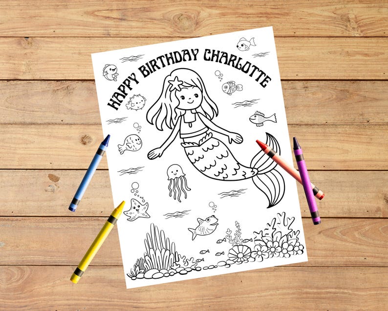Mermaid Birthday Coloring Pages, Mermaid Party Favors, Kids Coloring ...