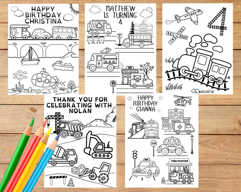 Transportation Birthday Coloring Pages: Personalized Vehicle Party ...
