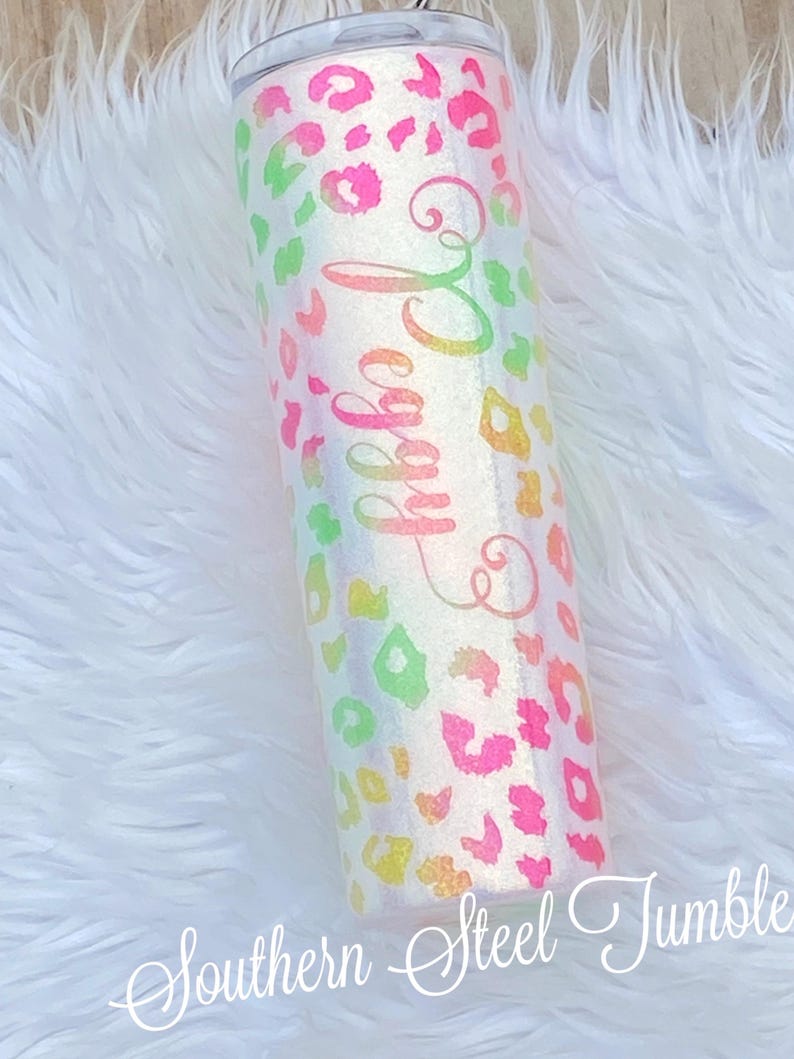 Neon Rainbow Glitter Cheetah Print Tumbler - Sparkly Travel Mug - Etsy