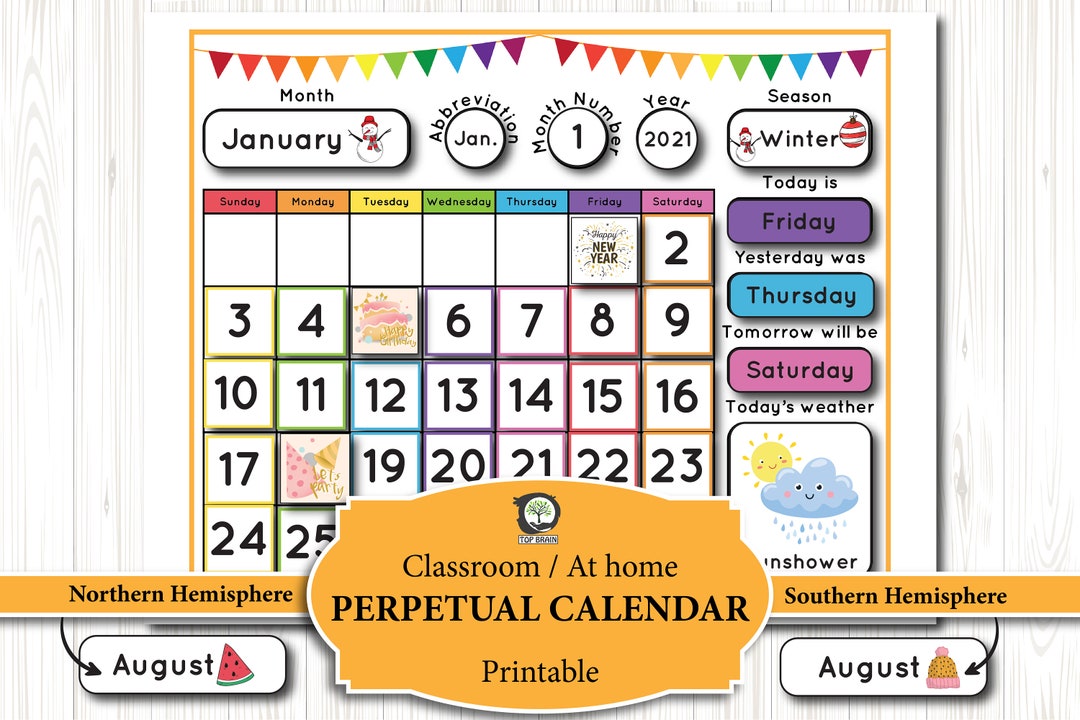 Printable Perpetual Calendar, Kids Calendar Classroom Calendar Board ...