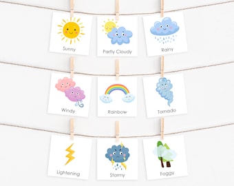 16 Weather Cards, Weather Flashcards, INSTANT DOWNLOAD, Toddler Weather ...