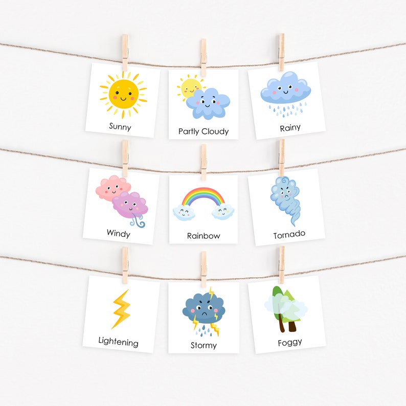 12 Weather Cards, Weather Flashcards, INSTANT DOWNLOAD, Toddler Weather ...