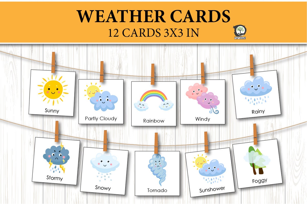 12 Weather Cards, Weather Flashcards, INSTANT DOWNLOAD, Toddler Weather ...