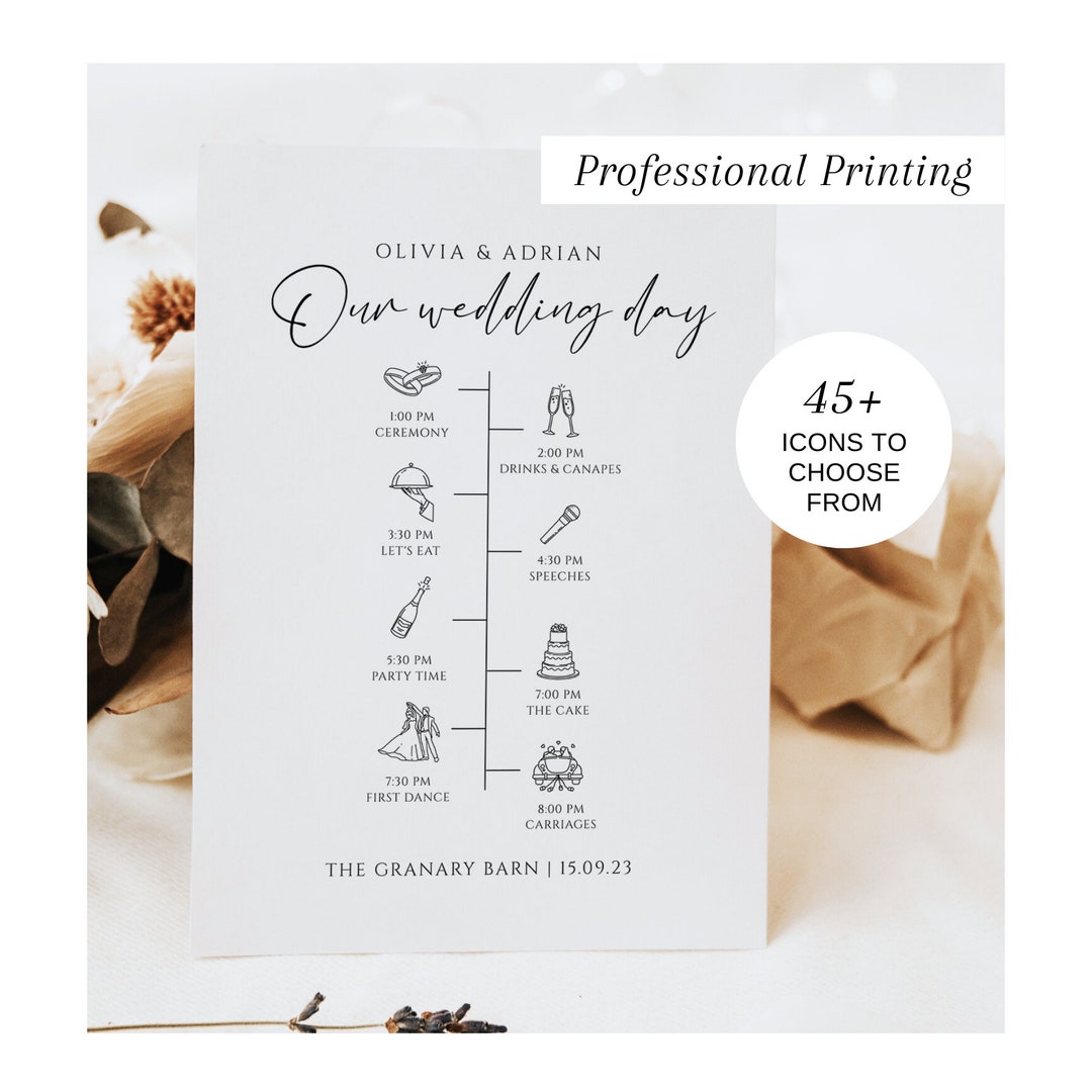 PRINTED Wedding Timeline Card, Wedding Order of the Day, Professionally ...