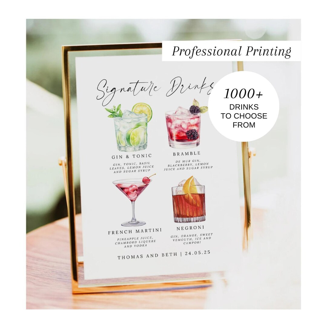 PRINTED Cocktail Drinks Sign, Bar Menu Template, Signature Cocktail ...