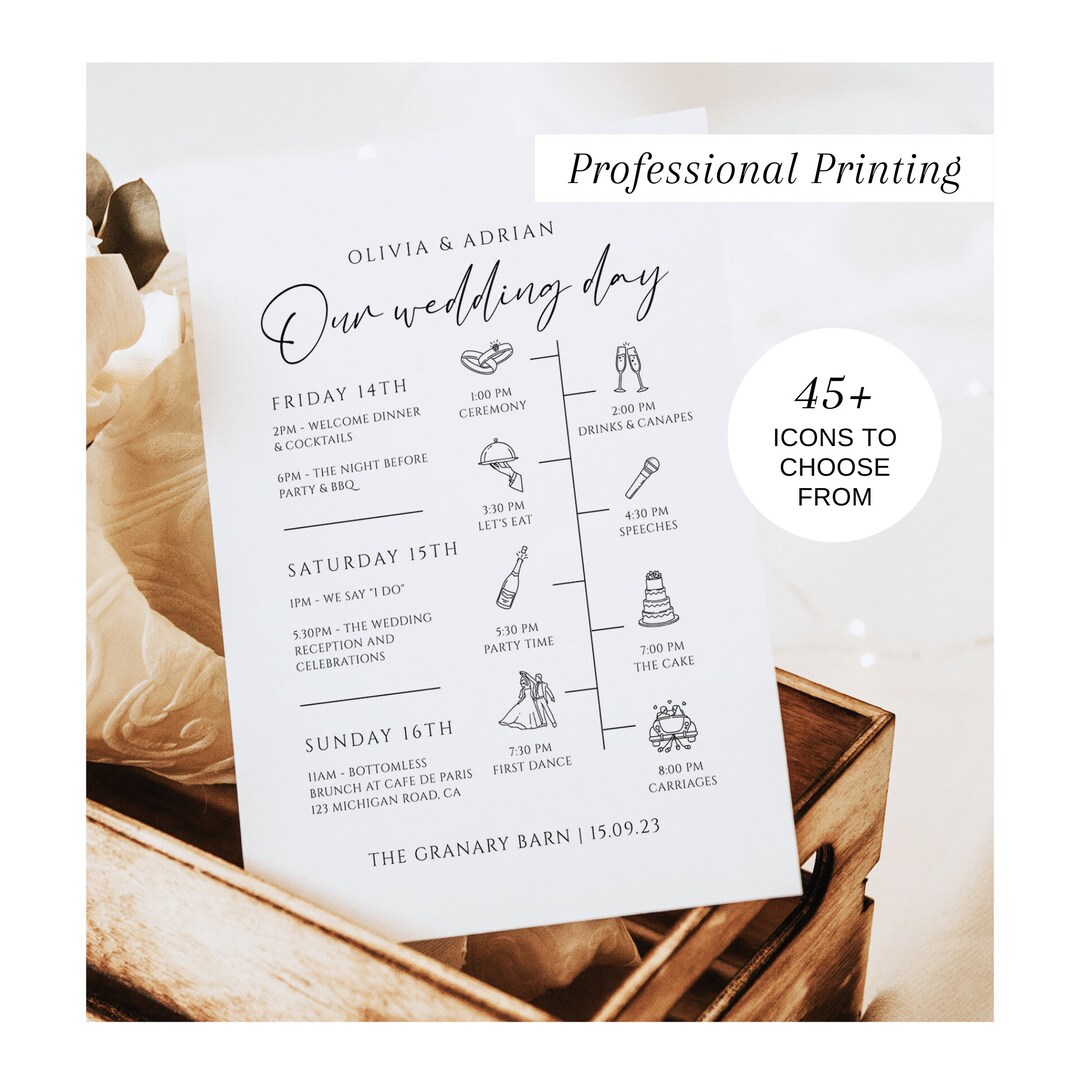 PRINTED Wedding Timeline Card, Wedding Order of Service, Professionally ...