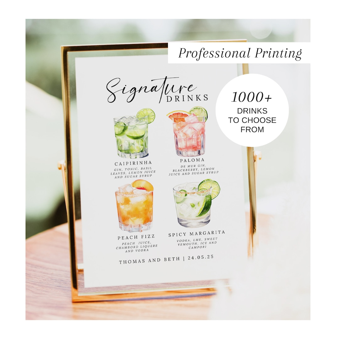 PRINTED Cocktail Drinks Sign, Bar Menu Template, Signature Cocktail ...