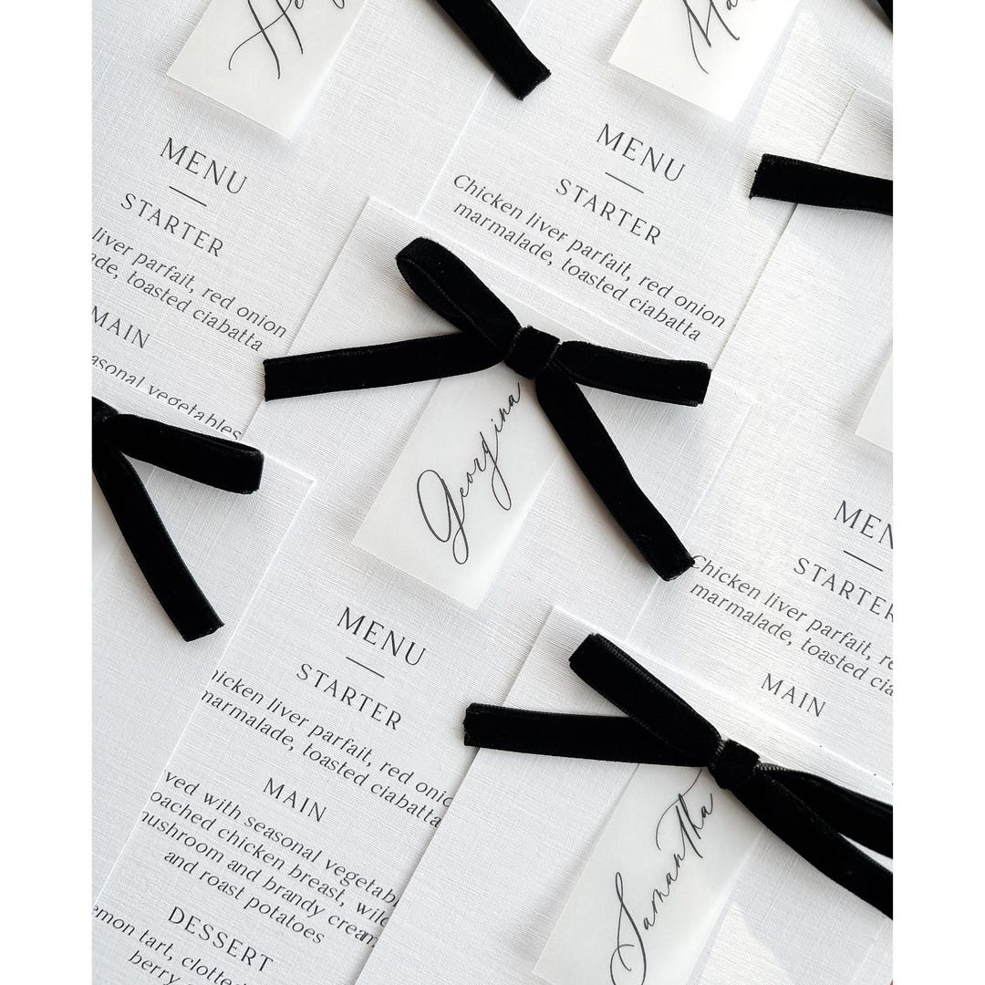 PRINTED Ribbon Wedding Menus and Place Card, Let's Eat, Velvet Black ...