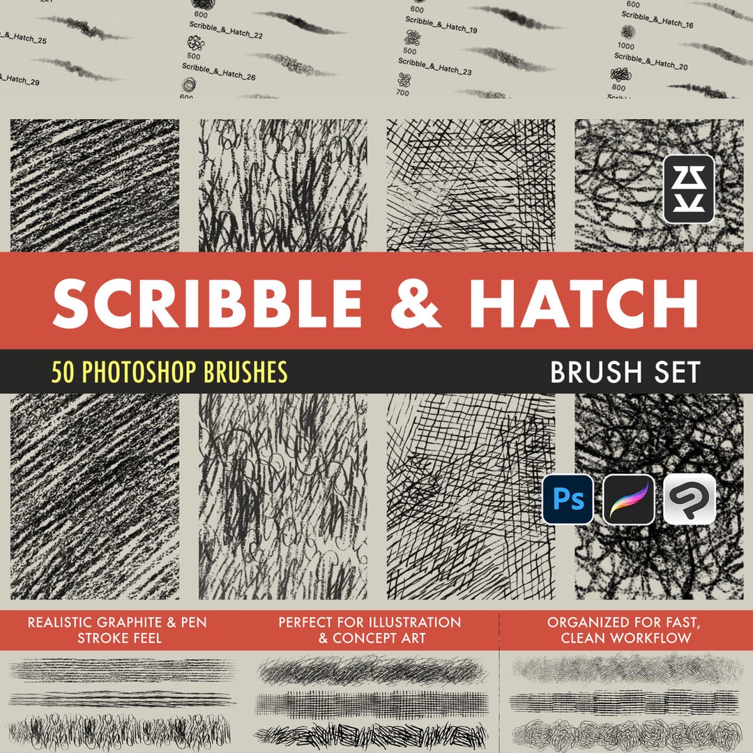 Scribble and Hatch Brush Set | Procreate | Photoshop | CSP | Texture ...