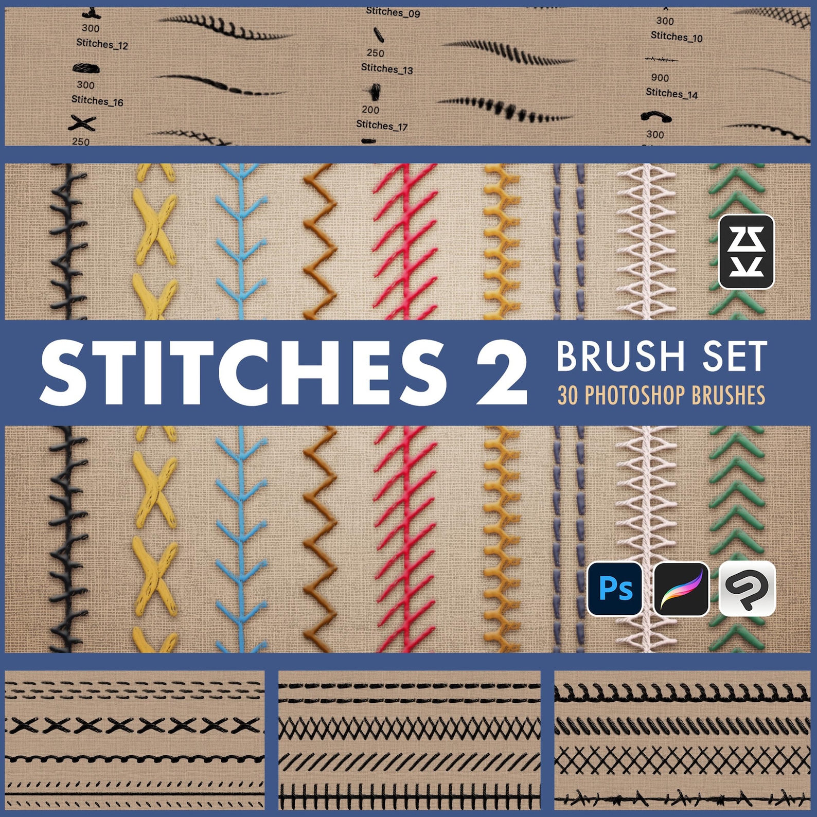 Stitches 2 Brush Set | Procreate | Photoshop | CSP | Texture Brushes - Etsy