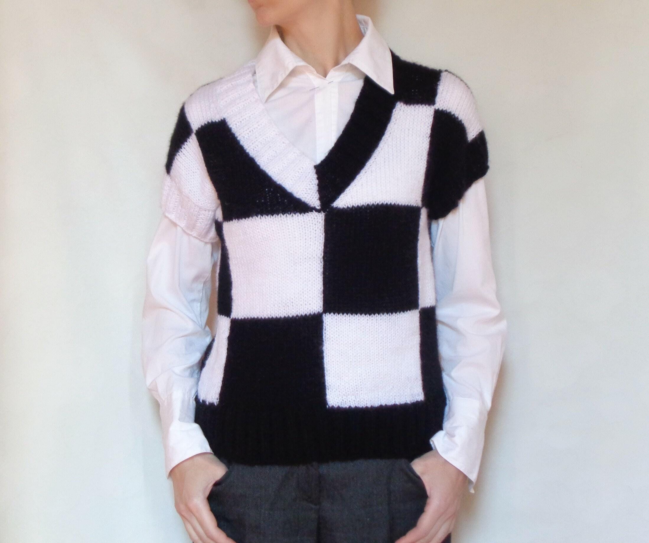 Wednesday Addams Checkered Vest Black White Blocked Sweater Plaid ...
