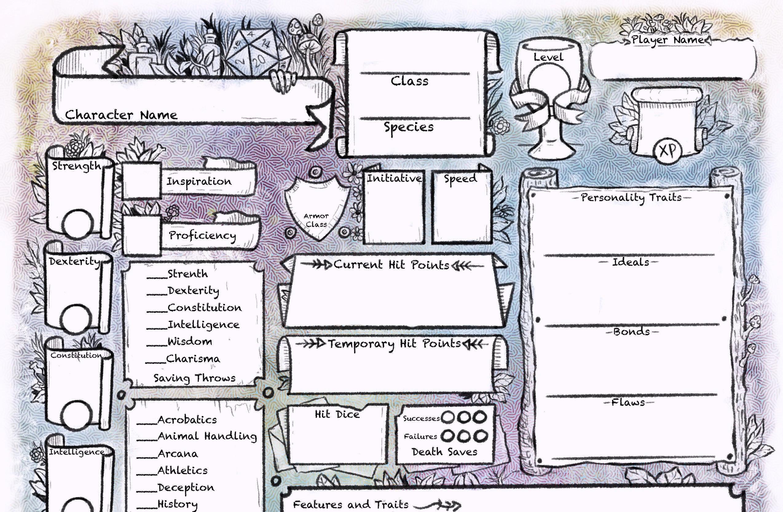 D&D Character Sheet Printable - Whimsical Fantasy RPG Inventory Tracker ...