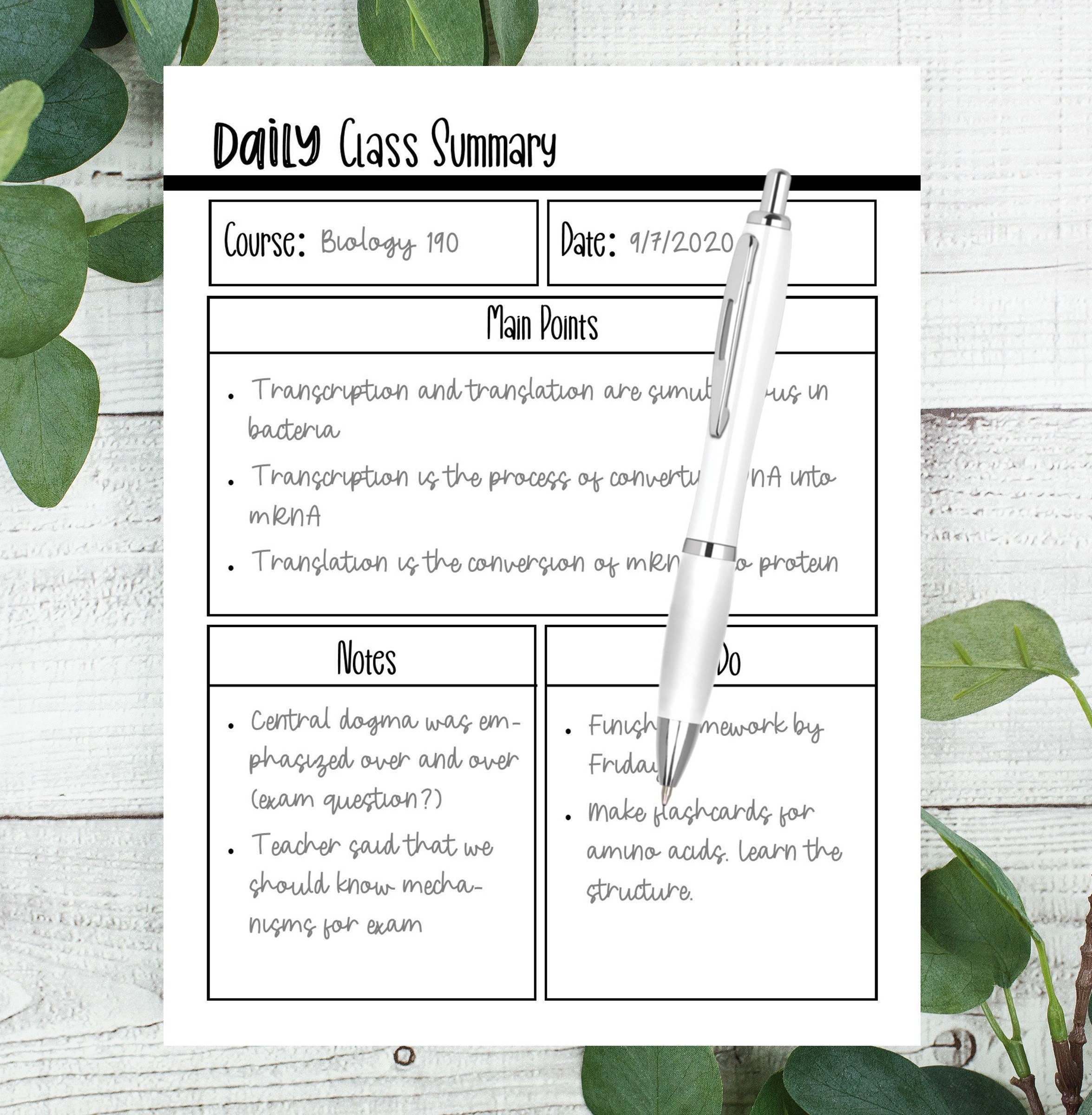 Daily Class Summary Printable Student Planner College | Etsy