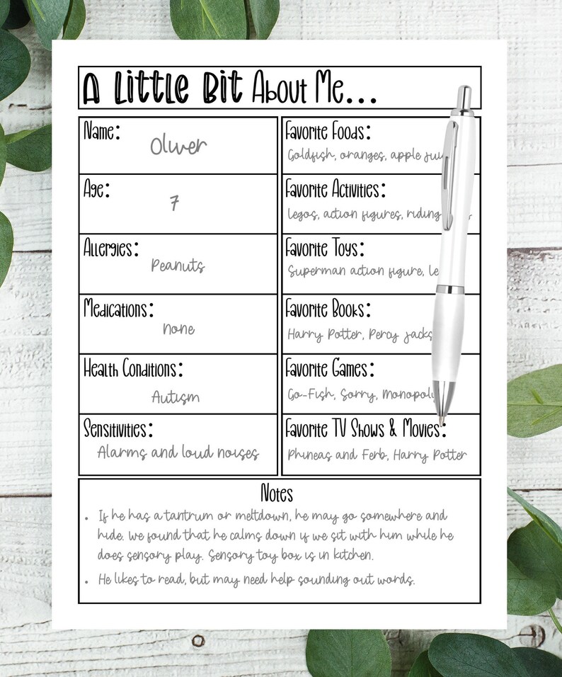 EDITABLE Child Information Babysitter Guide Printable Child - Etsy