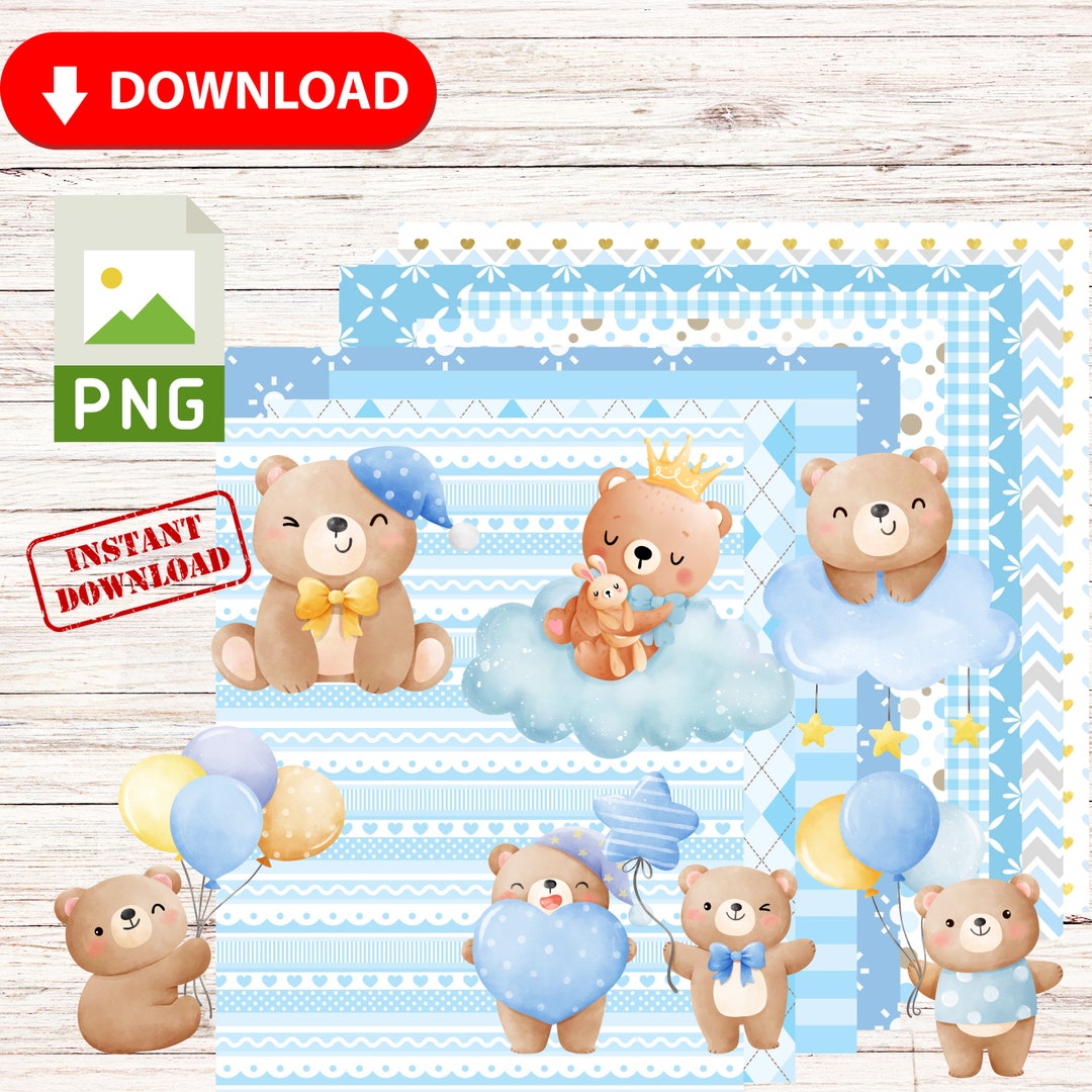 Bear Boy Digital Papers and Clipart, Bears Boy Baby Shower, Birthday ...