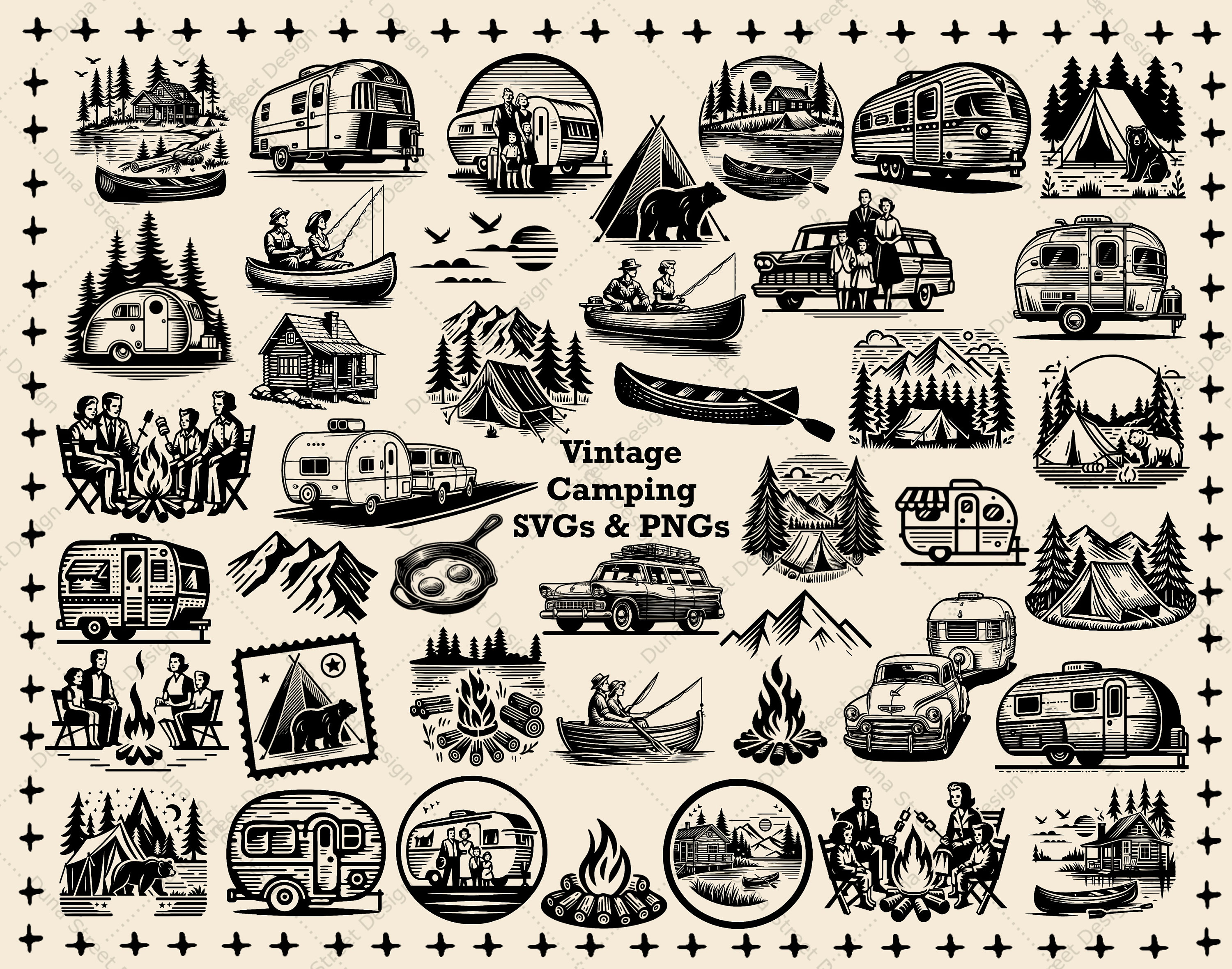 Retro Summer Vacation Camping Vector Clip Art Bundle - 1950s Mid ...