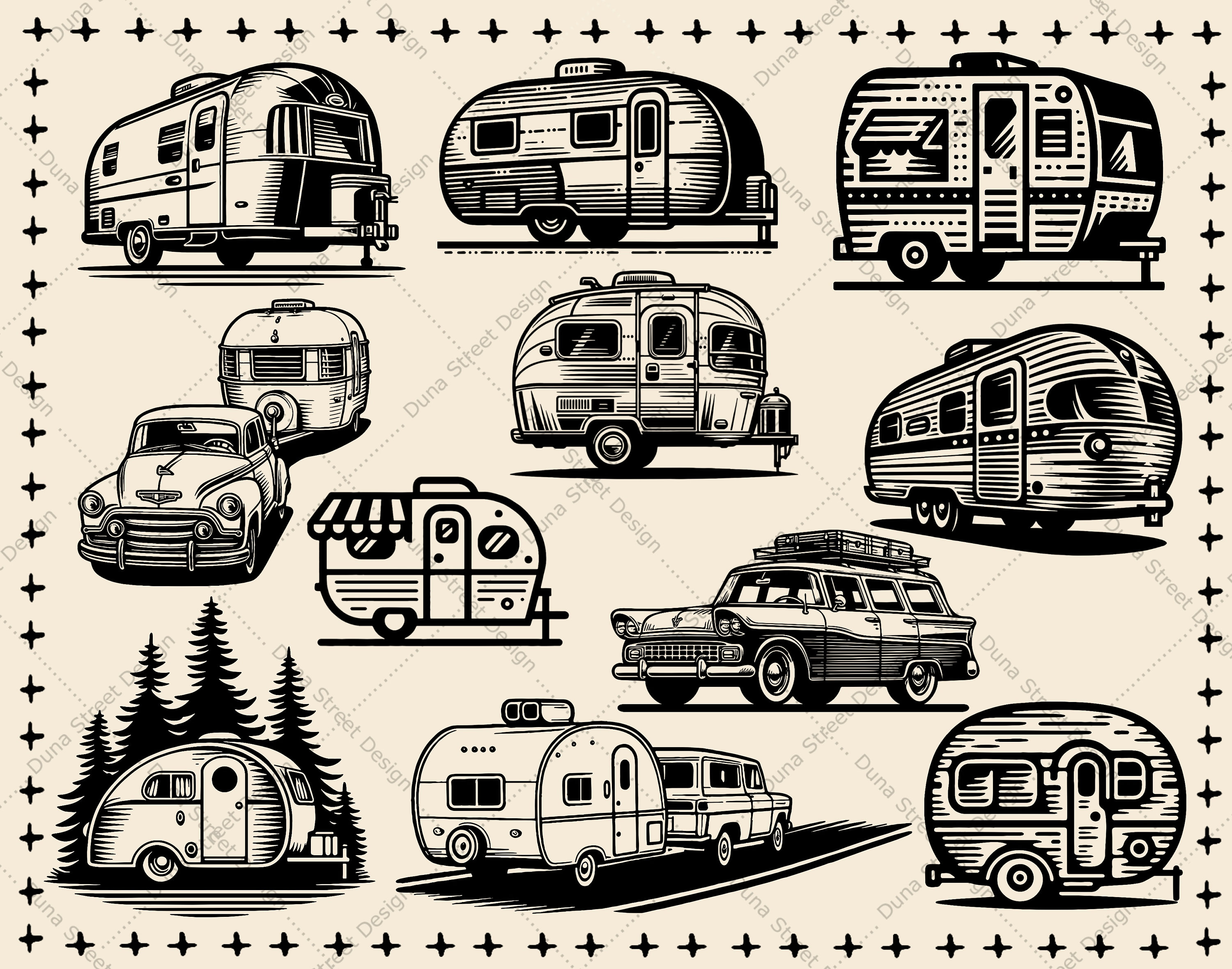 Retro Summer Vacation Camping Vector Clip Art Bundle 1950s Mid Century ...