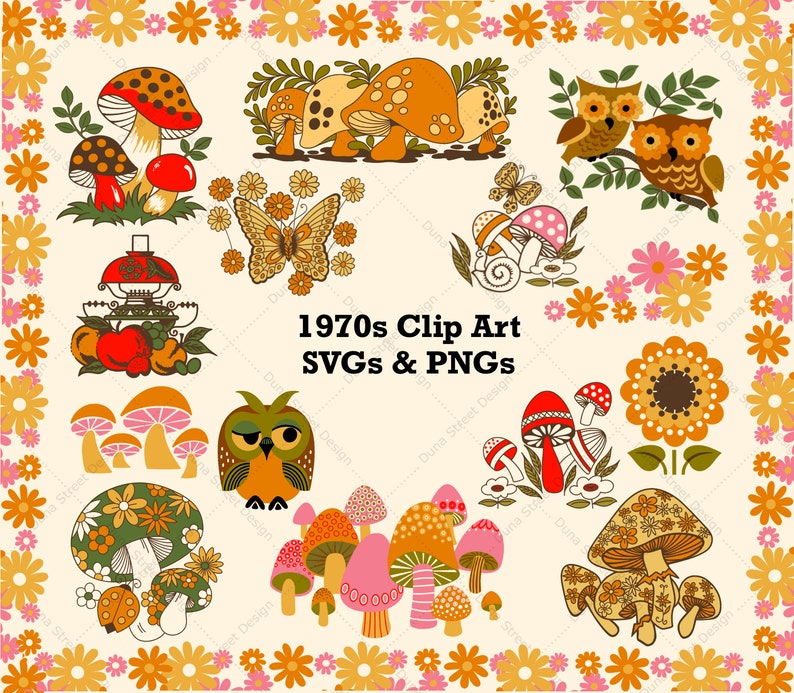Retro 70s Mushroom Clipart: Groovy Vintage Designs (SVG, PNG Digital ...