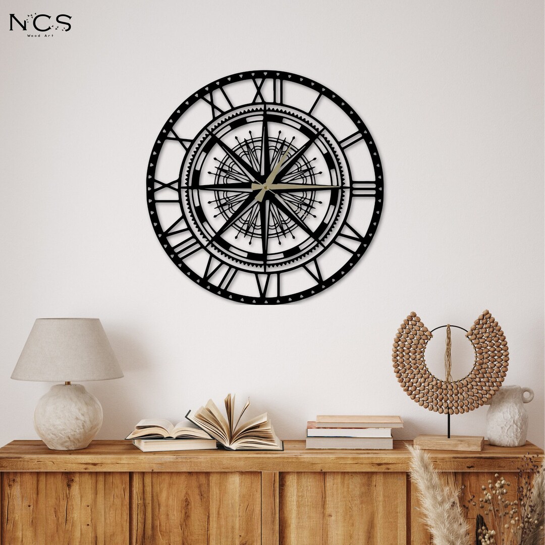 Compass Wooden Wall Clock, Minimalist Scandinavian Rustic Wall Decor ...