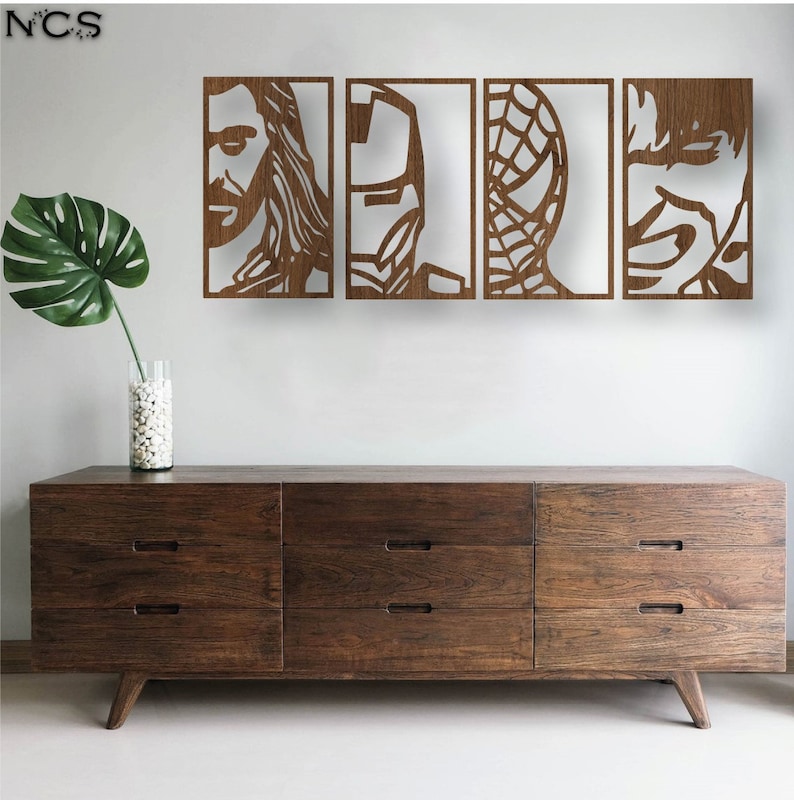 Avengers Portraits Wooden Wall Art Set of 4, Geometric Wall Decor, 3D ...