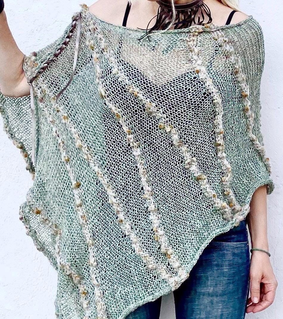 Linen Boucle Boho Mesh Knit Scarf, Blue Green Hand Knit Cover Up, Open ...