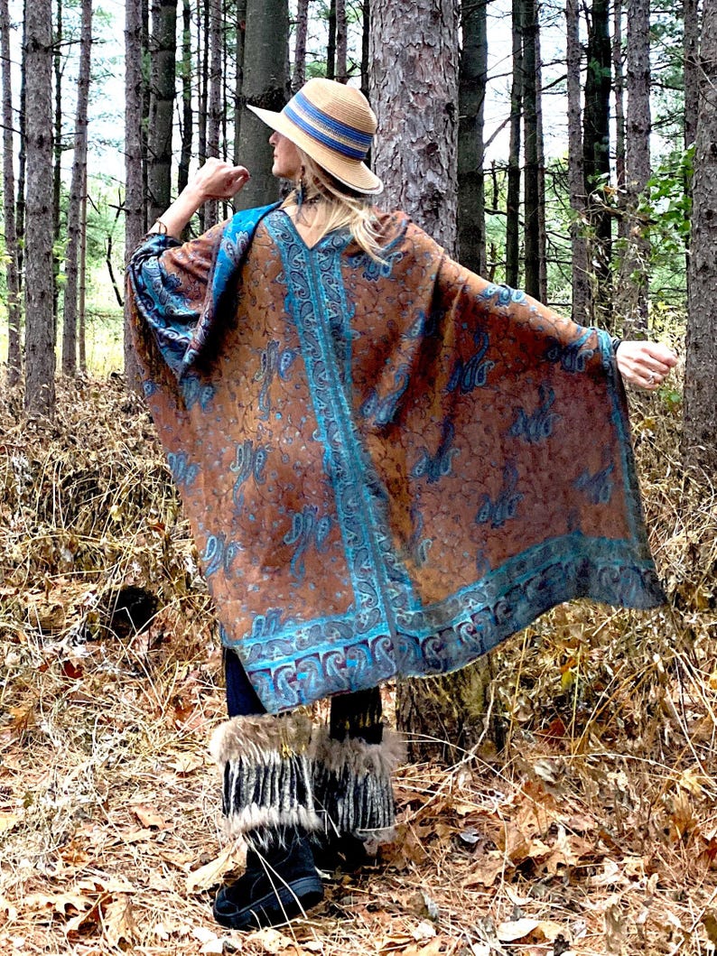 Teal Rust Paisley Kimono Cape With Snaps Button, Oversized Reversible ...