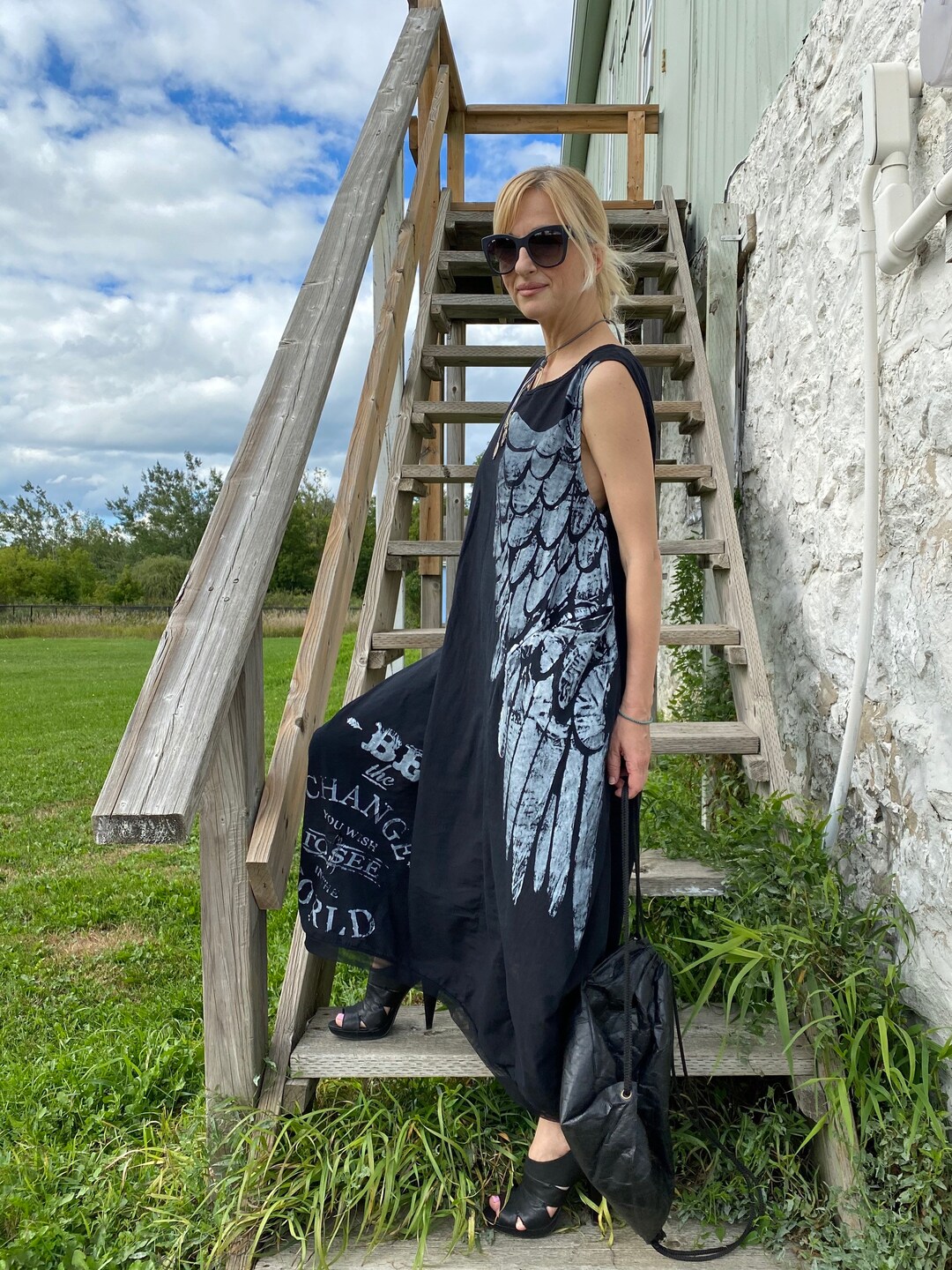 Ghandi Quote Dress, Baggy Linen Dress, Dress With White Wings, Hand ...