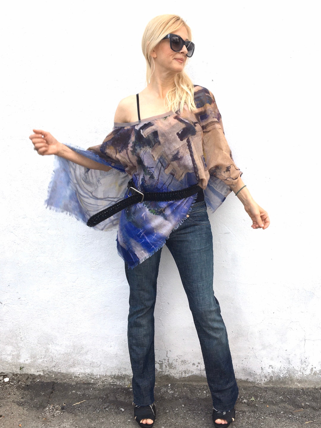 Poncho de moda para mujer, encubrimiento boho, azul púrpura - estampado ...