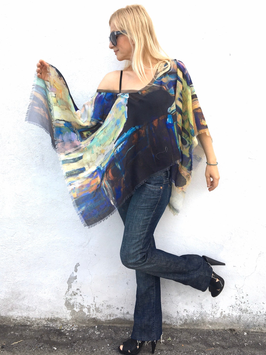 Women Fashion Poncho, Navy Blue Yellow Summer Wrap for Her, Soft Unique ...