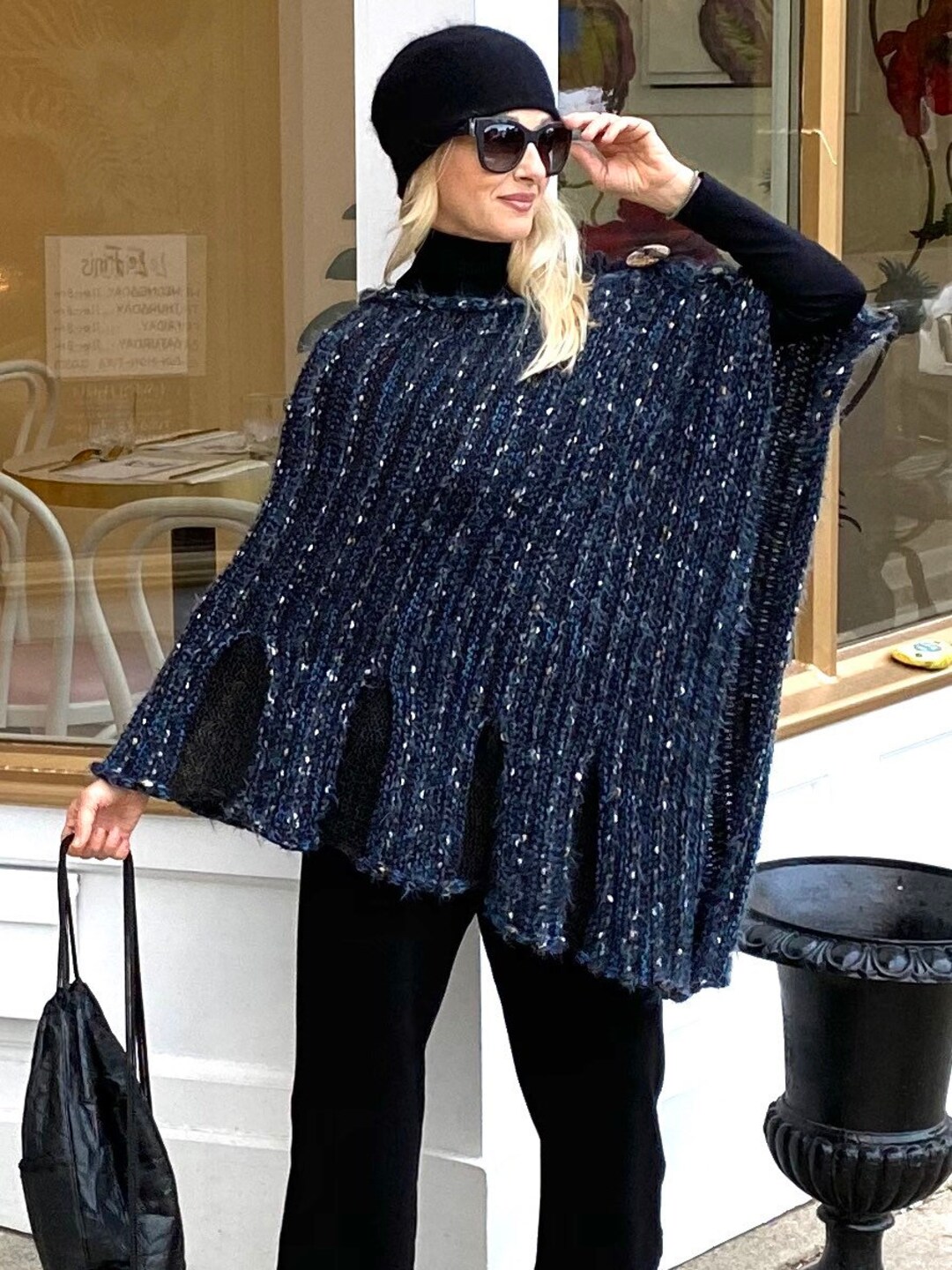 Knit Ruffled Poncho, Warm Fluffy Denim Wrap, Soft Bed Blanket, Cozy ...