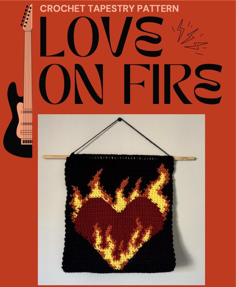 Crochet Tapestry Pattern - Love on Fire - Rock and Roll, Fire Heart ...