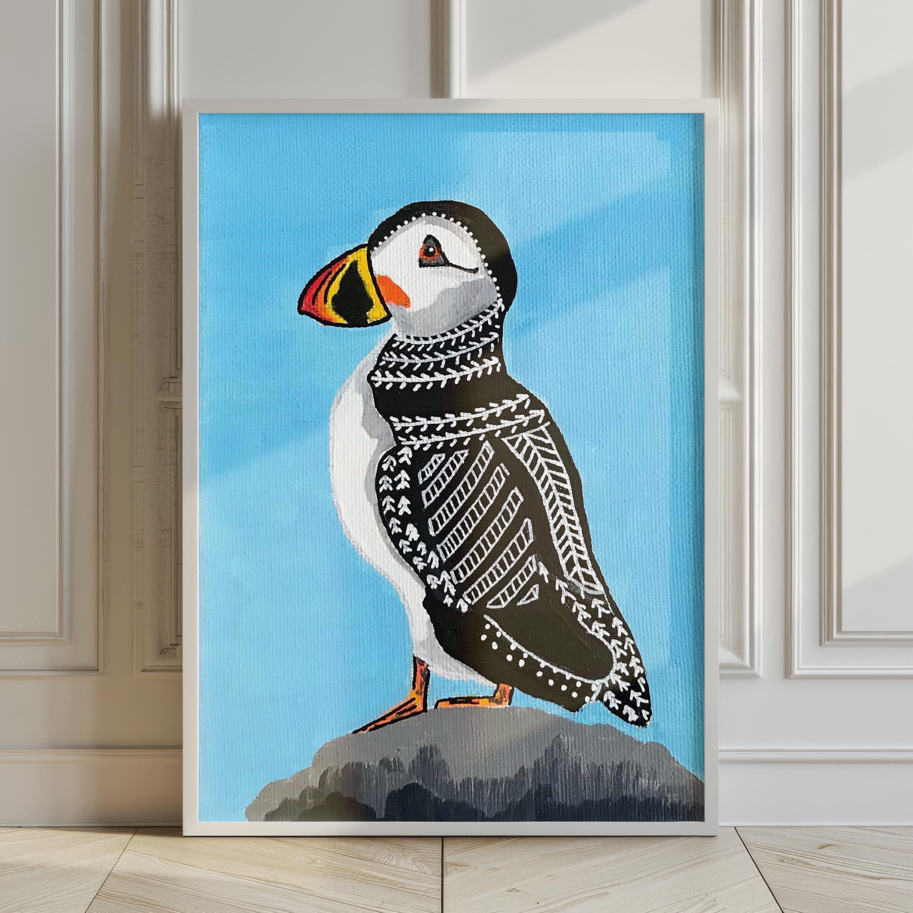 Puffin Folk Art Print From Original Painting, Gouache Wall Art, Coastal ...