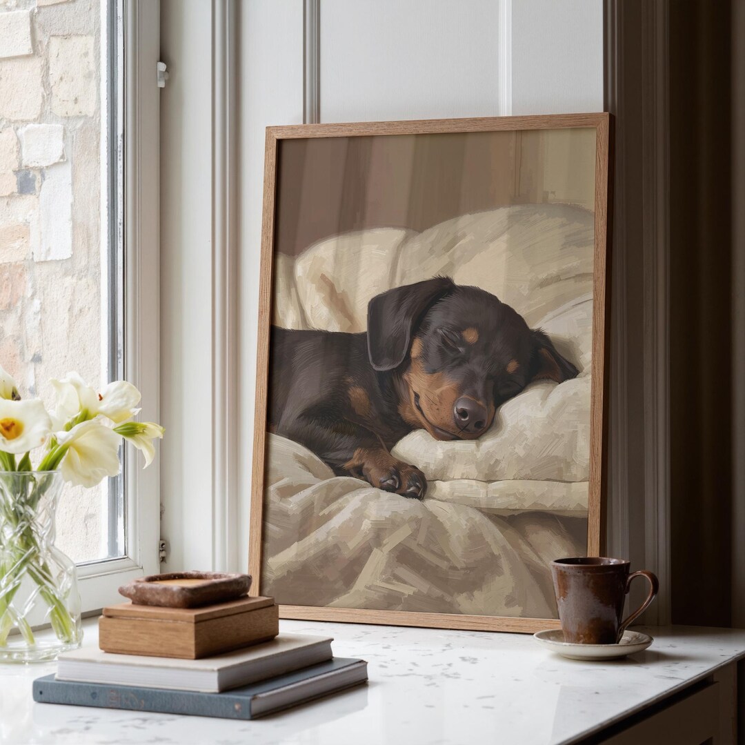 Black Dachshund Sleeping Art Print, Weiner Dog Poster for Home ...