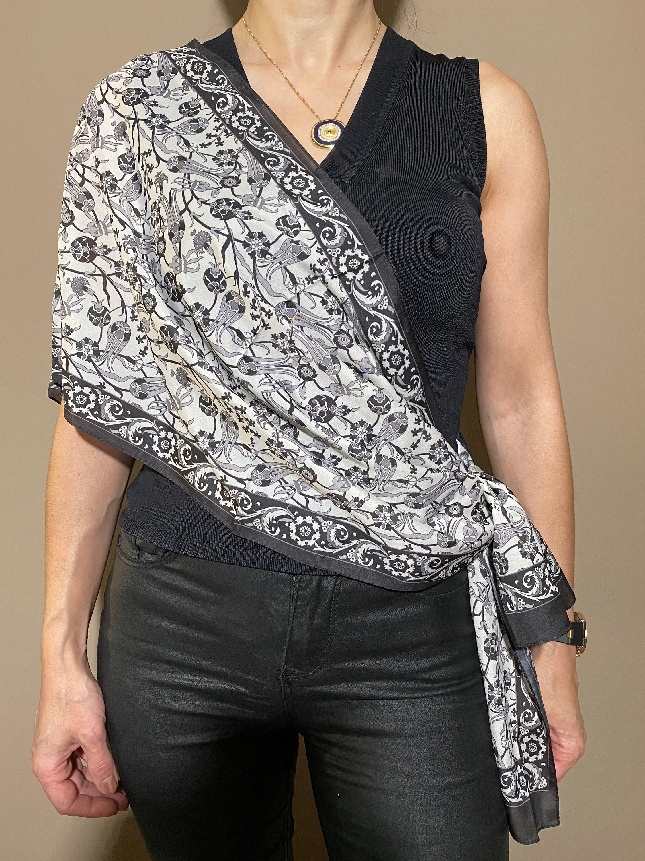 Ottoman Turkish Mosaic Tile Scarf: Black and White Art Silky Headscarf ...